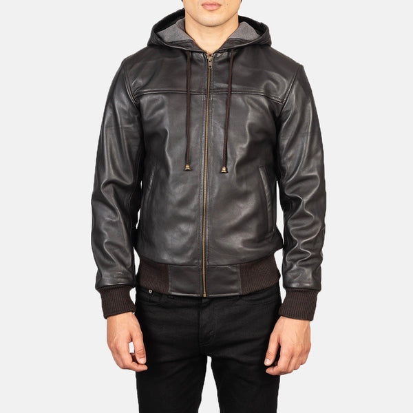Nintend Brown Leather Bomber Jacket with Hood – Ultimate Streetwear Fa ...